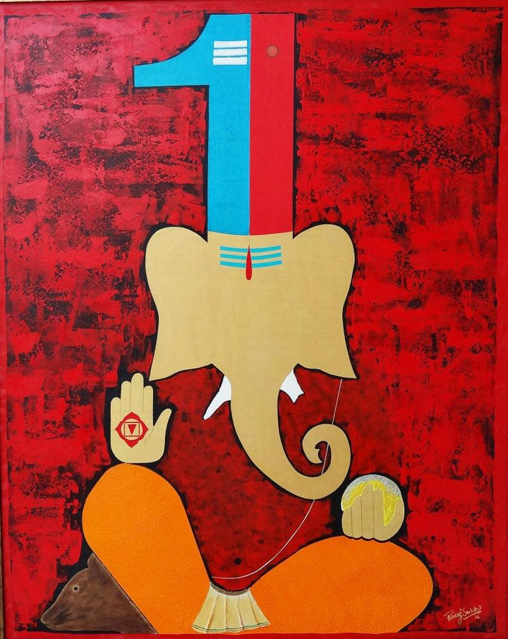 "5 Pradhv 2": Red Mixed_Media (48x60) by Pankaj Sachdeva | ArtZolo.com