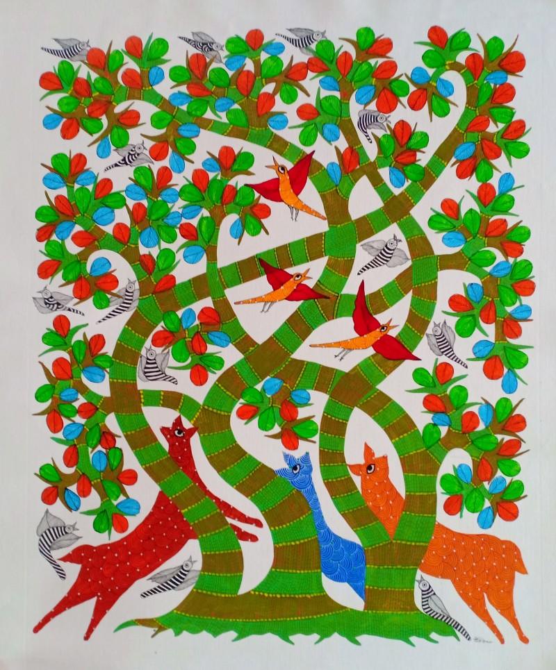 "Animals Under The Tree": Green Gond Traditional_Art by Choti Gond ...