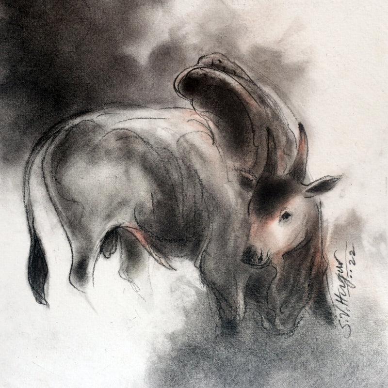 "Bull 5": Steel Grey Charcoal Drawing (8x8) by Shivu Hugar | ArtZolo.com