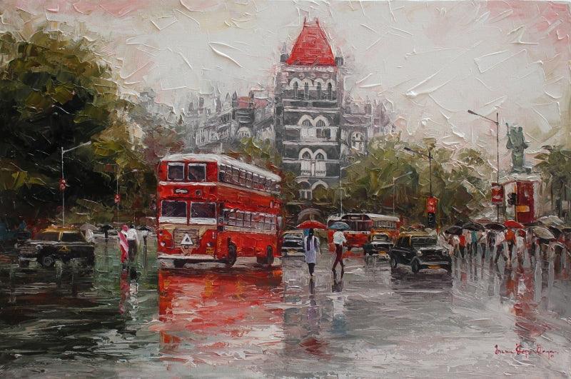 "Cityscape 1": Red Acrylic Painting by Iruvan Karunakaran – ArtZolo.com