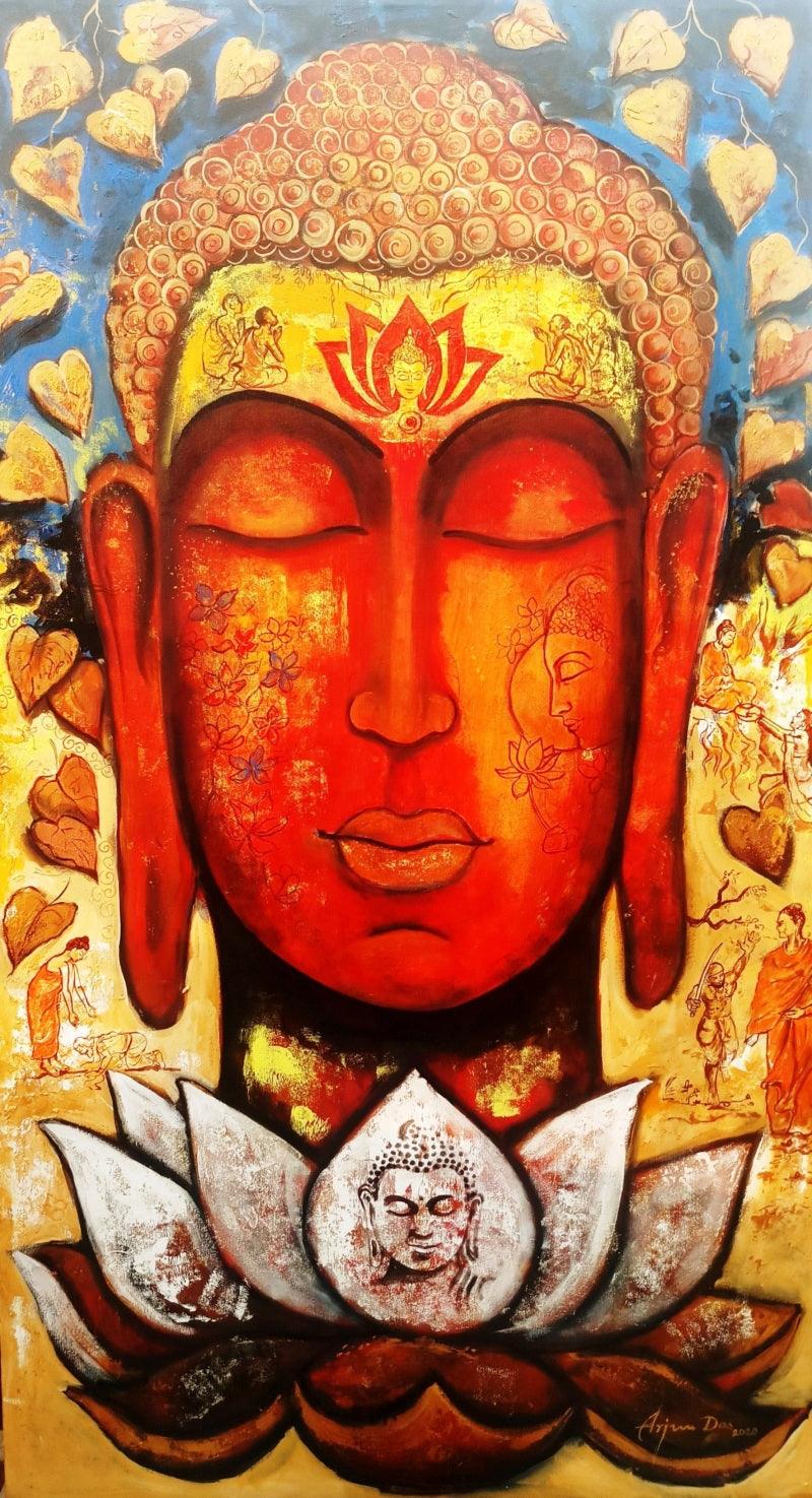 "Devotion Of Buddha 4": Yellow Orange Acrylic Painting by Arjun Das ...