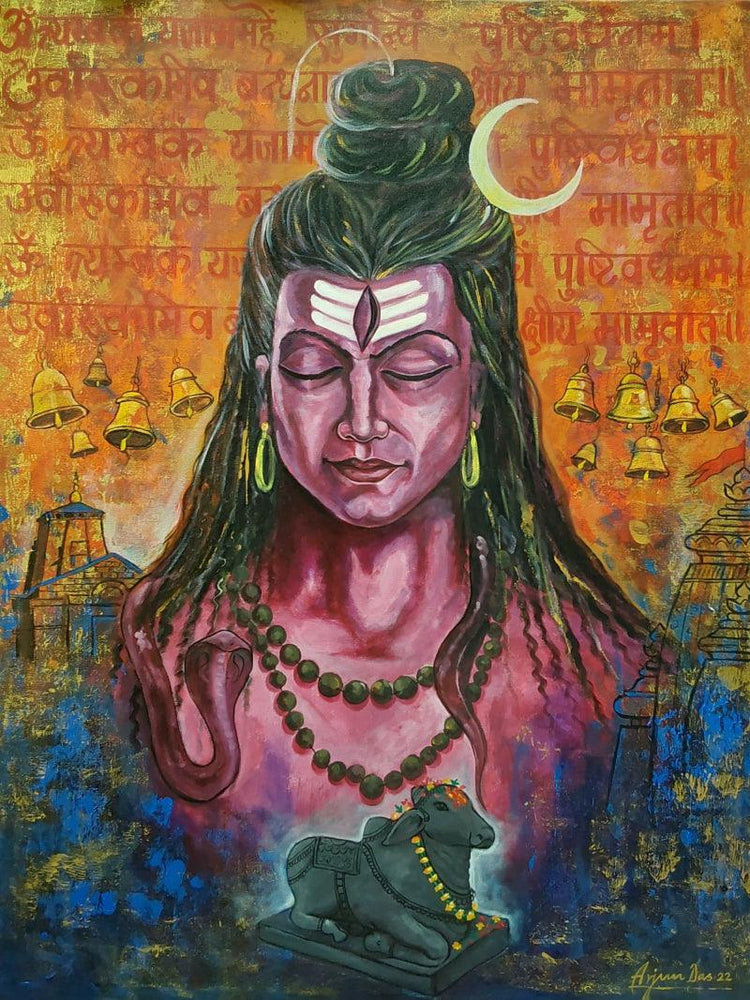 "Devotion Of Shiva": Orange Red Acrylic Painting by Arjun Das | ArtZolo.com