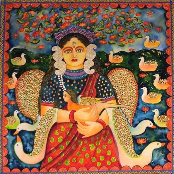 "Lakshmi": Orange Red Watercolor Painting by Jayasri Burman – ArtZolo.com