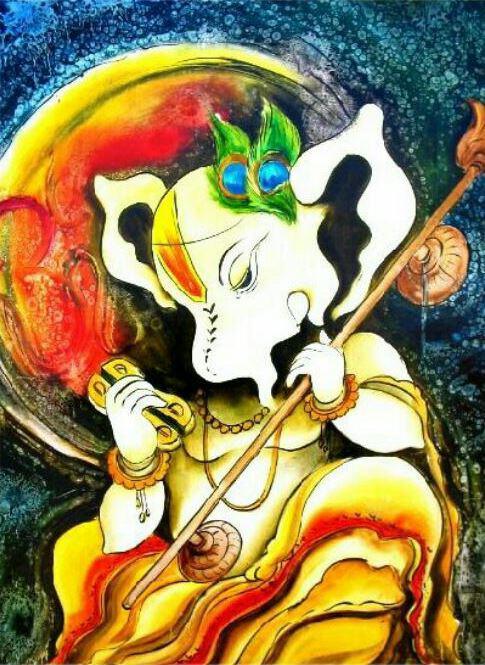 "Lord Ganesha With A Unique Look": Yellow Oil Painting by Mohd. Shakeel ...