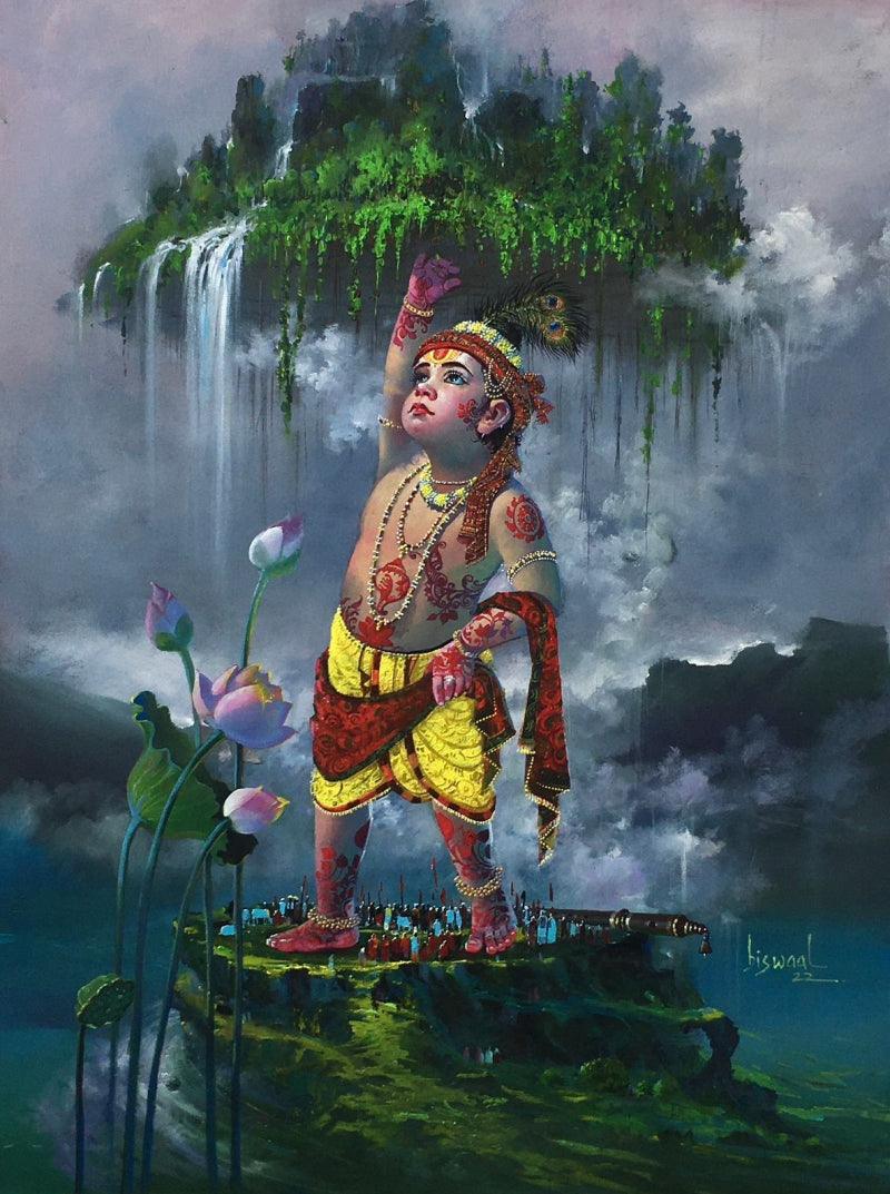 "Lord Krishna": Blue Green Acrylic Painting by Bijay Biswaal – ArtZolo.com
