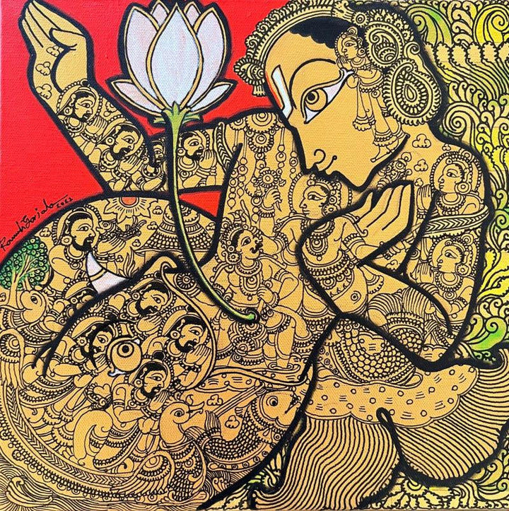 "Lord Vishnu": Yellow Orange Acrylic Painting by Ramesh Gorjala ...