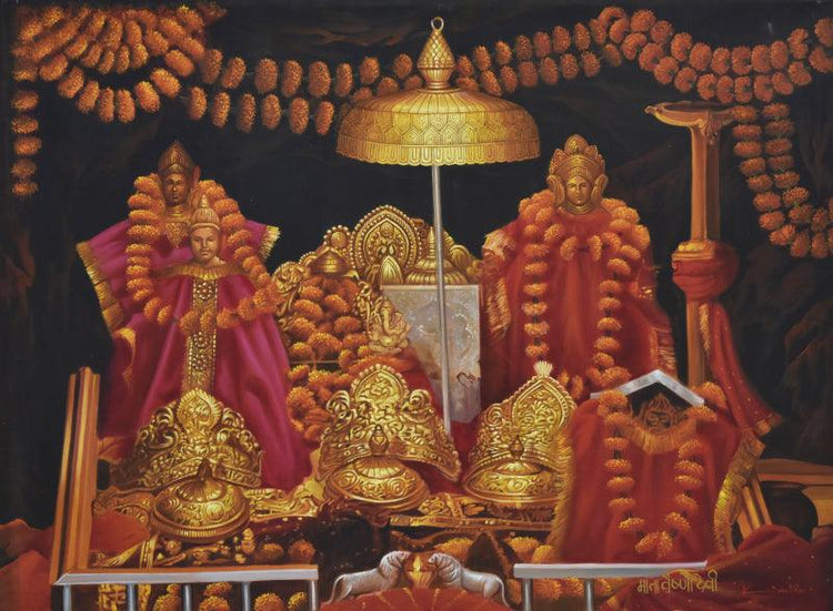 "Mata Vaishno Devi": Red Oil Painting (48x36) by Kamal Rao | ArtZolo.com