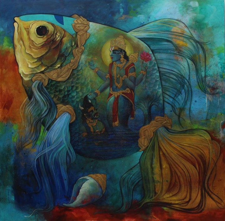 "Mathya Avatara": Blue Green Acrylic Painting by N P Rajeshwarr ...