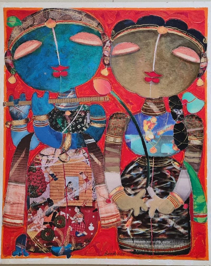 "Radha Krishna": Red Mixed Media Painting by G Subramanian – ArtZolo.com