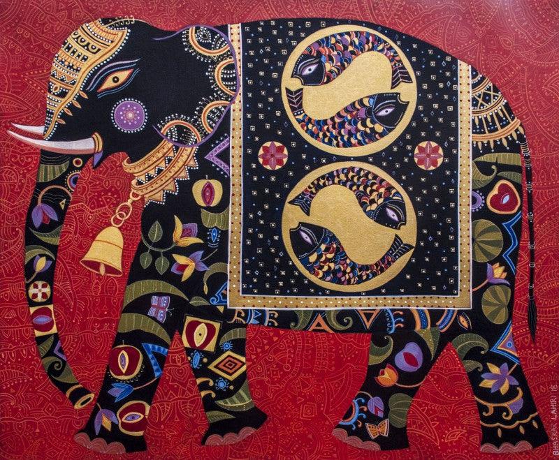 "Royal Elephant 5": Red Acrylic Painting by Bhaskar Lahiri | ArtZolo.com