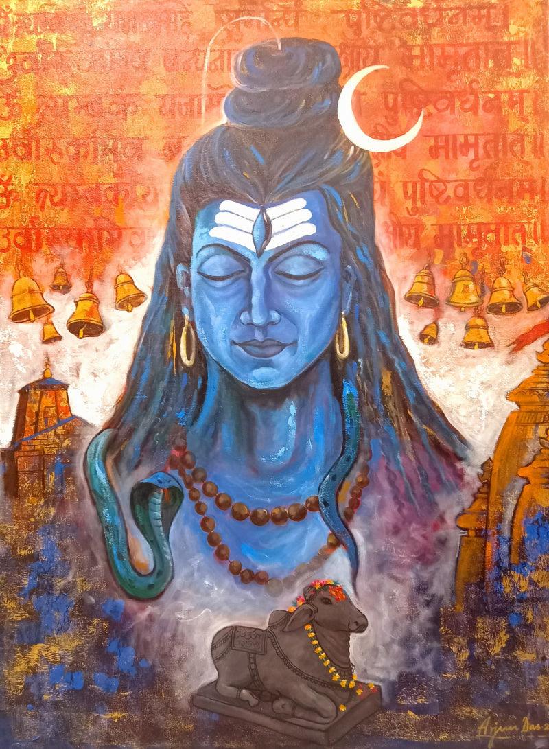 "Shiva": Orange Red Acrylic Painting (48x36) by Arjun Das | ArtZolo.com
