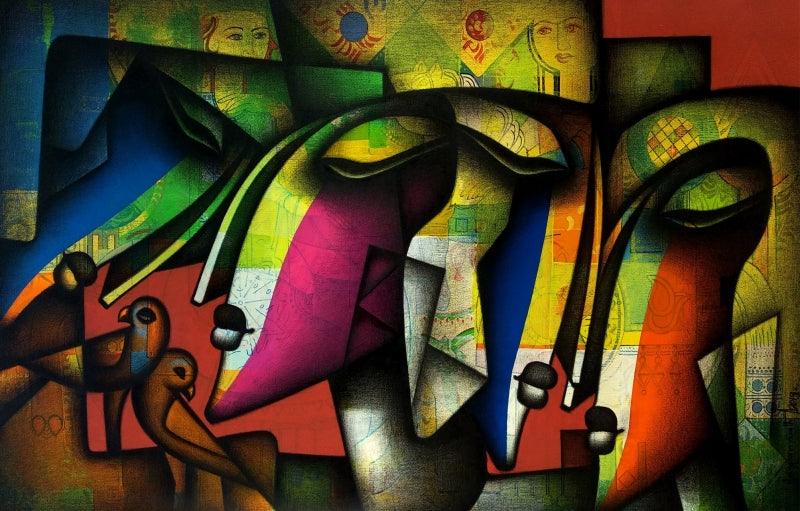 "Togetherness": Orange Red Acrylic Charcoal Painting by Jagannath Paul ...