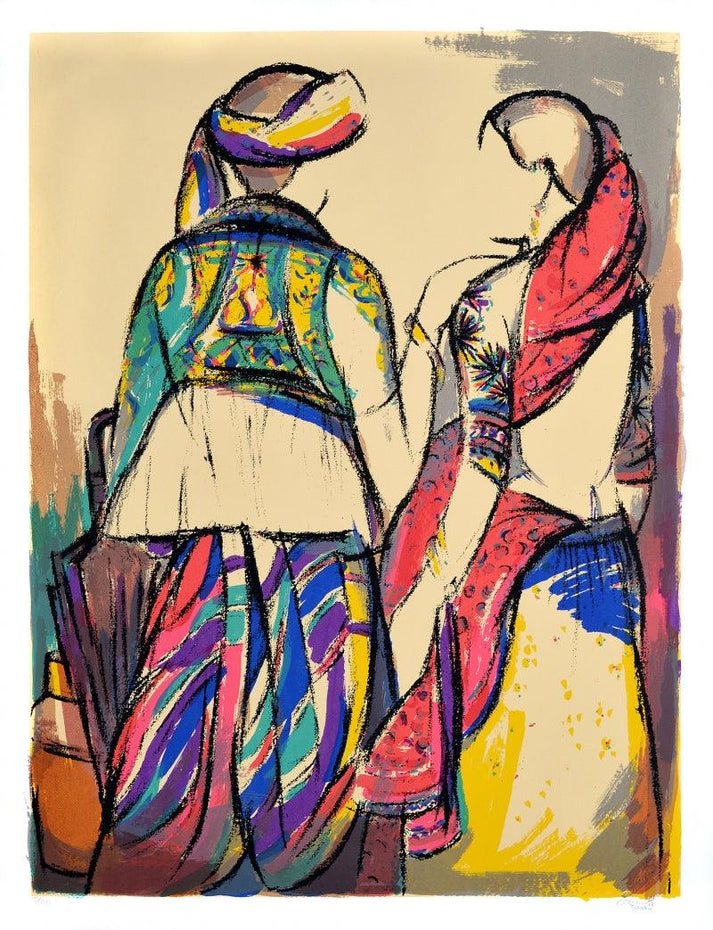 "Tribal Couple": Red Serigraphs Painting by Vrindavan Solanki – ArtZolo.com