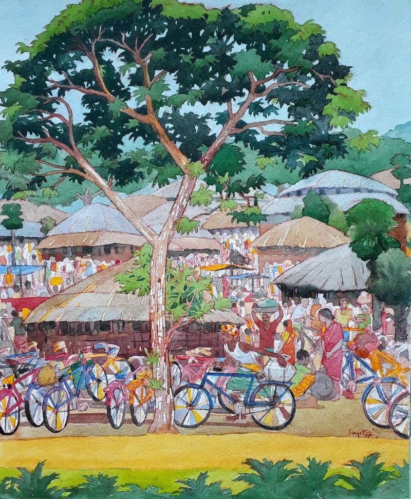 "Untitled 34": Light Brown Watercolor Painting by Sujit Das – ArtZolo.com