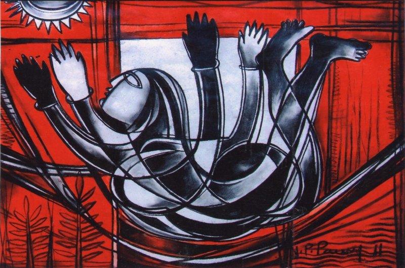 "Untitled": Red Acrylic Painting (41x29) by NP Pandey | ArtZolo.com