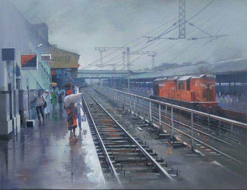 "Wet Platform Nagpur": Grey Acrylic Painting by Bijay Biswaal – ArtZolo.com