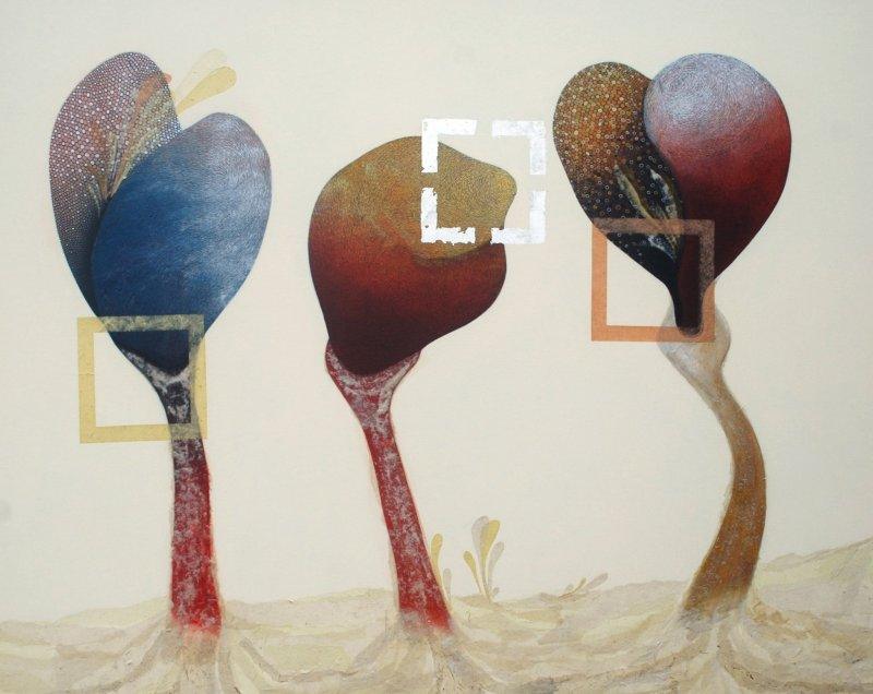 "Ankuran 1": Light Brown Mixed Media Painting by Uday Goswami – ArtZolo.com