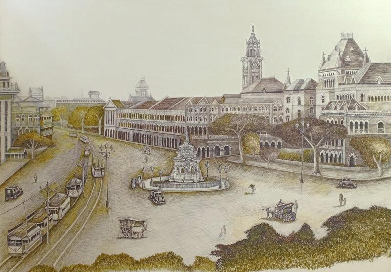 "Areal View Of Hutatma Chowk And Flora": Light Brown Pen Ink Painting ...
