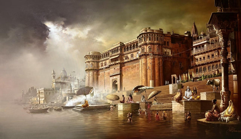 "Banaras Ghat 2": Brown Religious painting by Amit Bhar – ArtZolo.com
