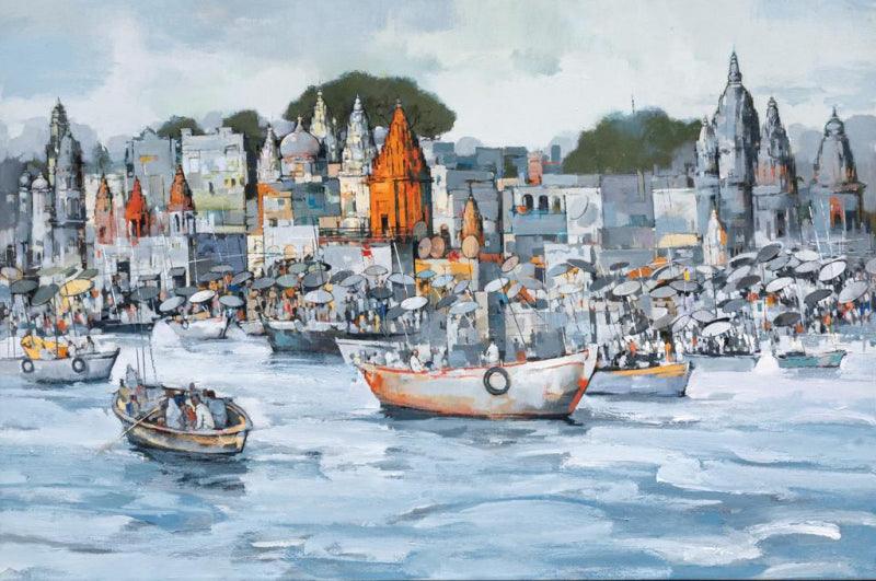 "Banaras Ghat": Grey Acrylic Painting by Satyajeet Varekar | ArtZolo.com
