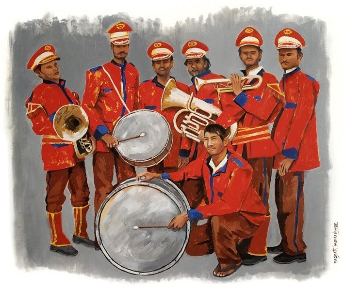 "Band In Red": Red Acrylic Painting by Nagnath Mankeshwar | ArtZolo.com