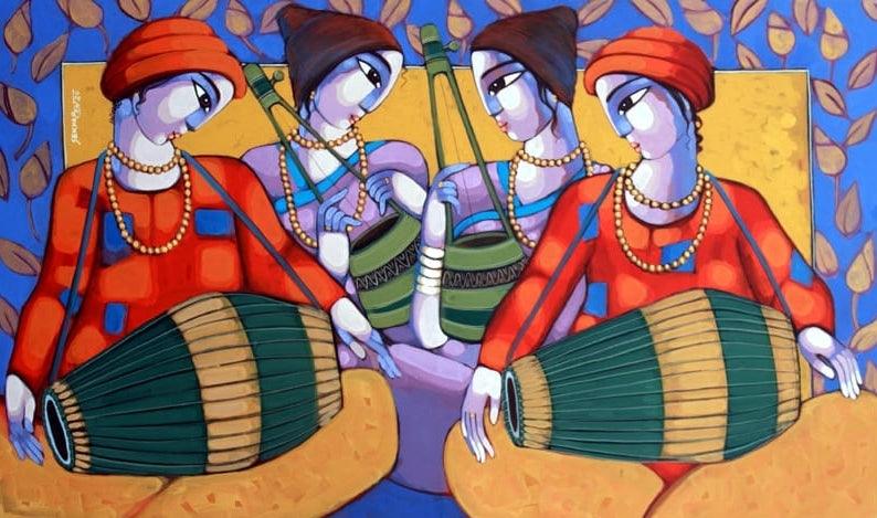 "Bengali Tune 2": Blue Violet Acrylic Painting by Sekhar Roy | ArtZolo.com
