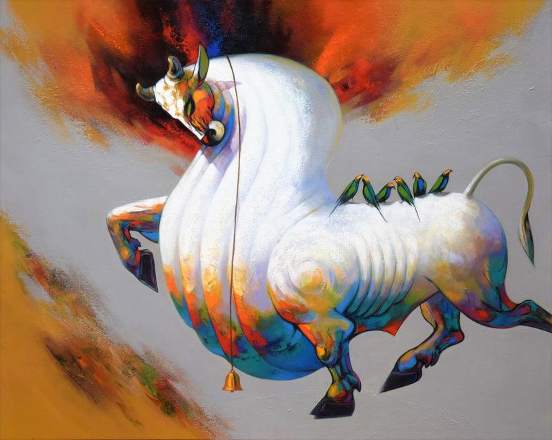 "Bull And Birds": Brown Acrylic Painting by Shankar Gojare – ArtZolo.com