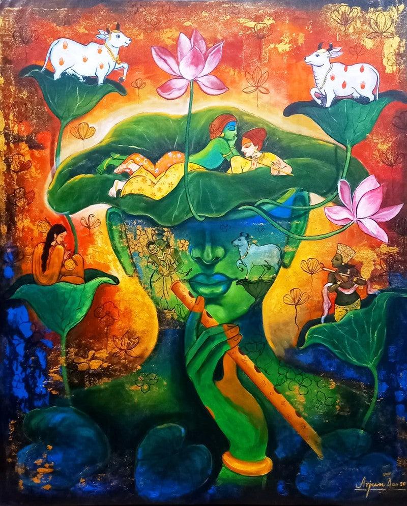 "Devotion Of Krishna 5": Green Acrylic Painting by Arjun Das – ArtZolo.com