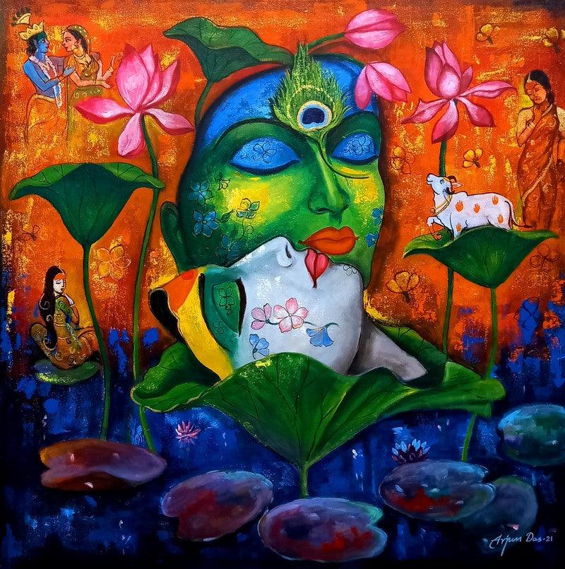 "Devotion Of Krishna 7": Blue Green Acrylic Painting by Arjun Das ...