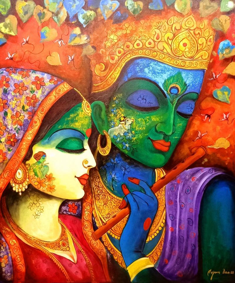 "Devotion Of Krishna 8": Yellow Green Acrylic Painting by Arjun Das ...