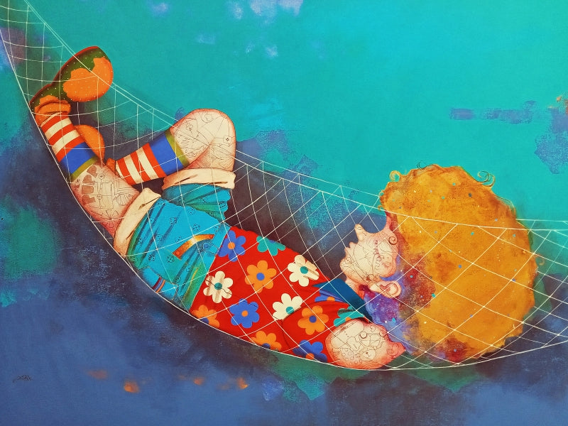 "Dreams Of Childhood 12": Red-Violet Figurative painting by Shiv Kumar ...