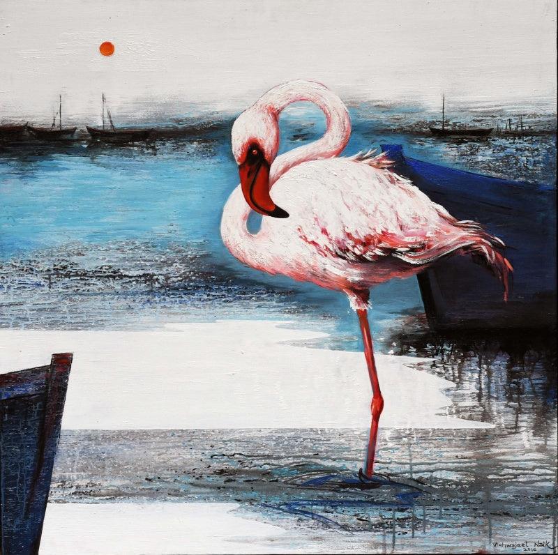 "Flamingo 8": White Acrylic Painting by Vishwajeet Naik | ArtZolo.com
