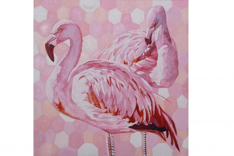"Flamingos": Red Violet Oil Painting (24x24) by Gunjan Adya | ArtZolo.com