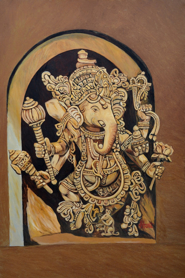 "Ganesha Vighna Vinashak": Brown Religious painting by Ajay Harit ...