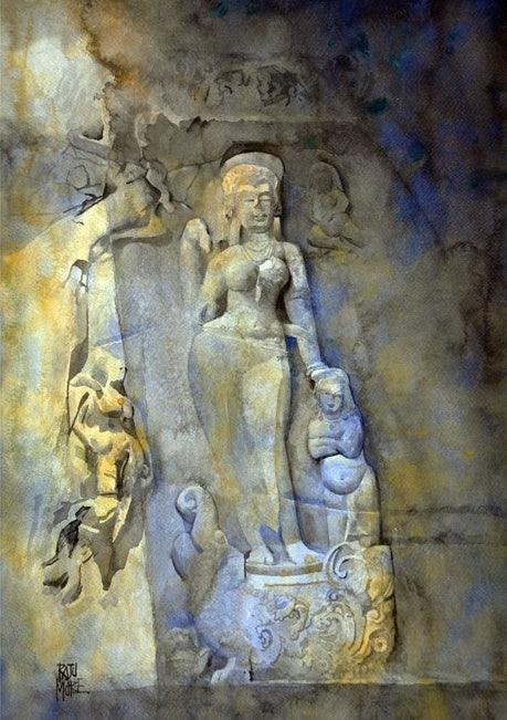 "Ganga 1": Light Brown Watercolor Painting by Raju More | ArtZolo.com