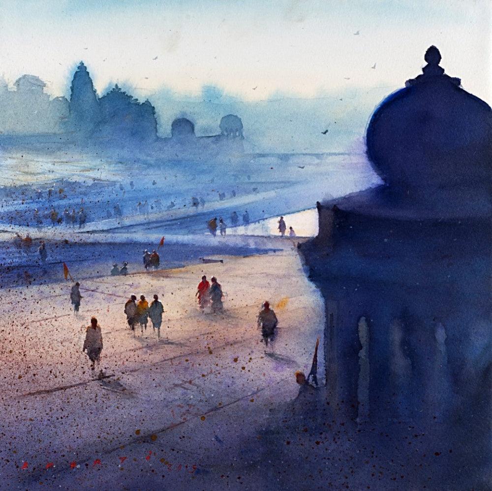 "Ganga Ghat 2": Blue Watercolor Painting by Nilesh Bharti – ArtZolo.com