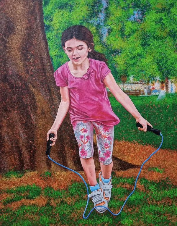 "Girl Jumping Rope": Green Acrylic Painting by Pooja Kumawat | ArtZolo.com