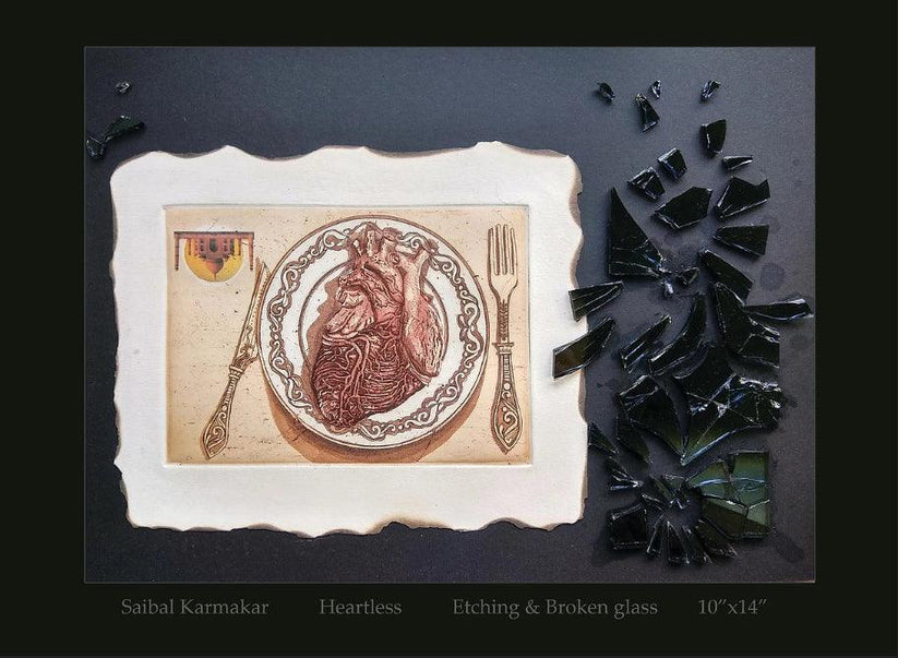 "Heartless": White Printmaking (10x14) by Saibal Karmakar – ArtZolo.com