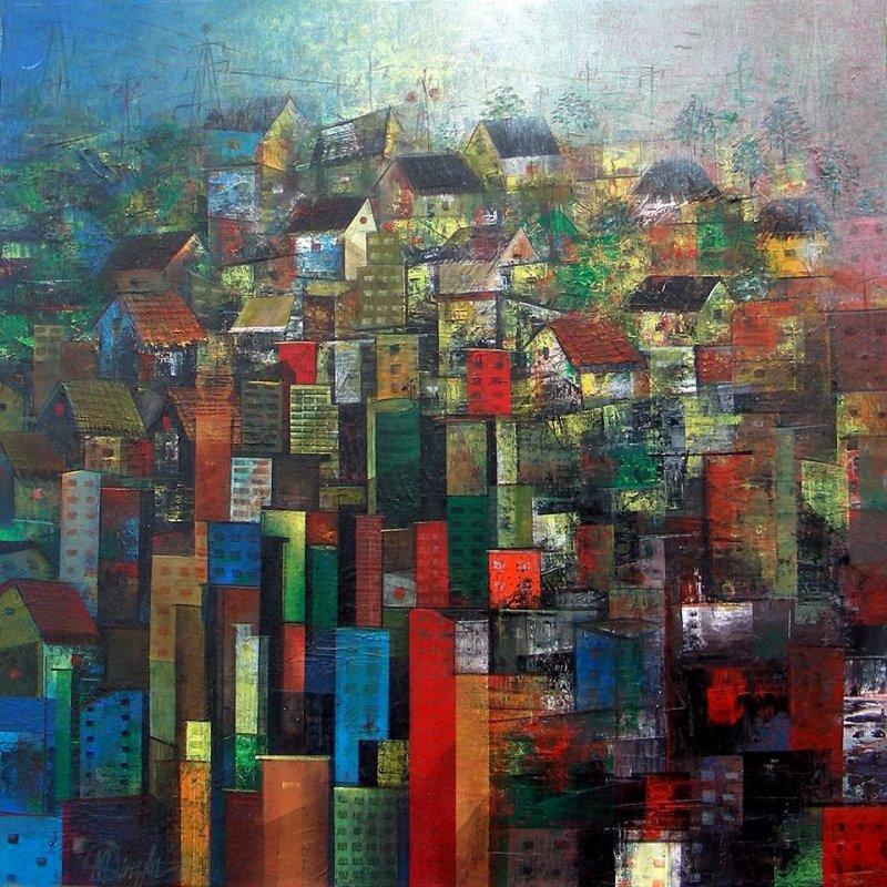 "High Rise": Blue Acrylic Painting (24x24) by M Singh – ArtZolo.com