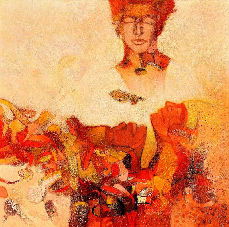 "Introspection 3": Orange Red Acrylic Painting by Braj Mohan Arya ...