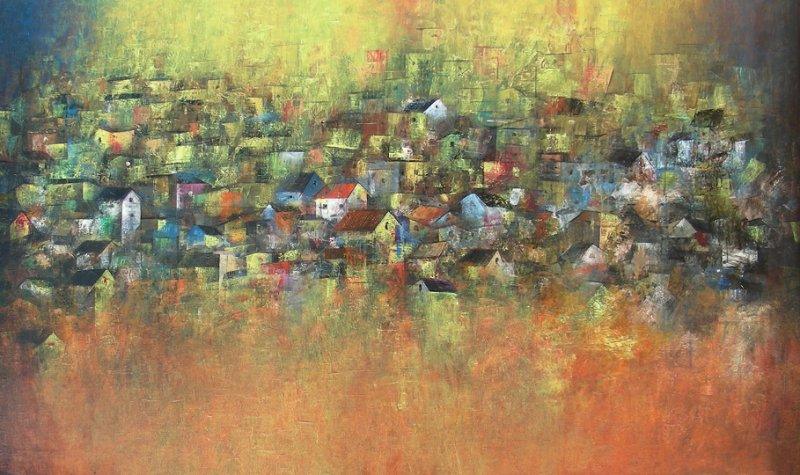 "Iridescent Homes": Yellow Orange Acrylic Painting by M Singh | ArtZolo.com