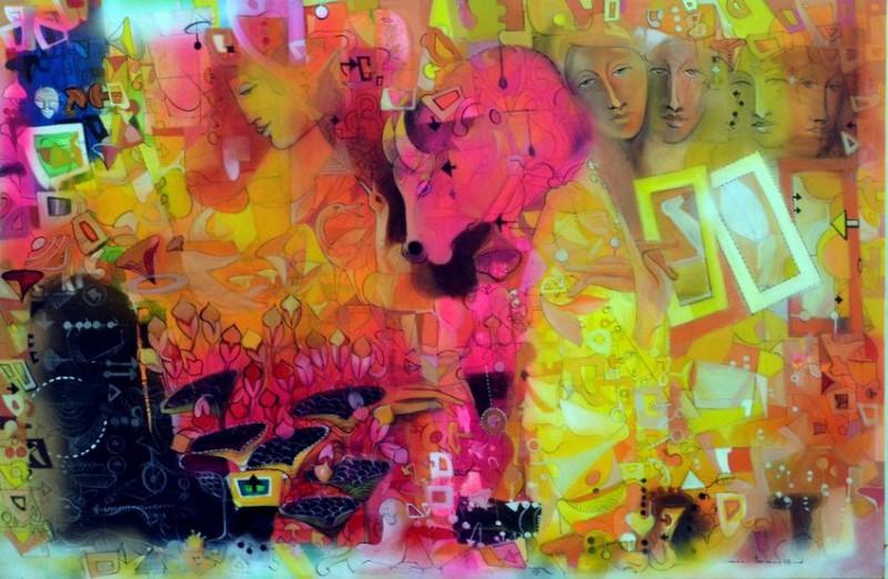"Journey I": Red Violet Acrylic Painting by Madan Lal | ArtZolo.com