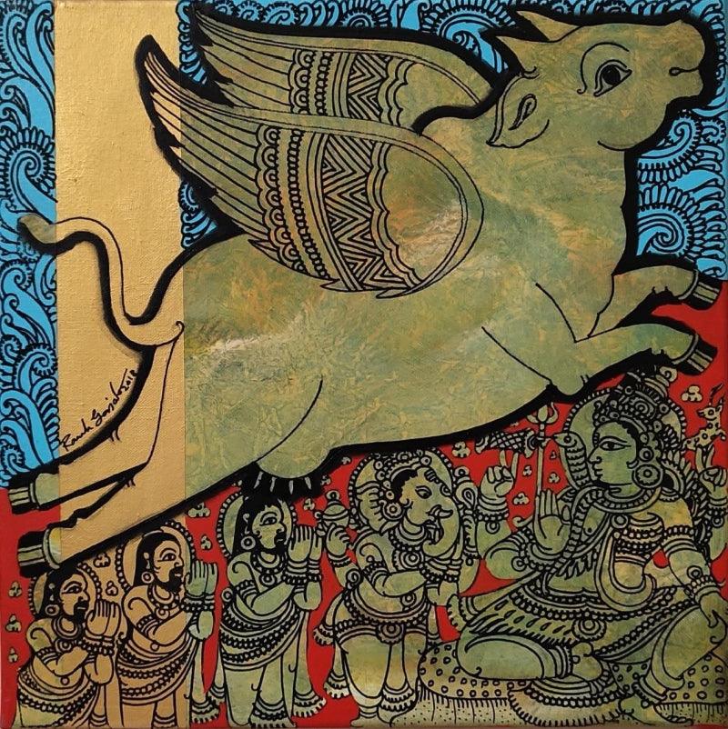 "Kamadhenu 4": Blue Green Acrylic Painting by Ramesh Gorjala | ArtZolo.com