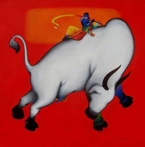 "Krishna Lila": Red Acrylic Painting (45x45) by Rajesh Shah | ArtZolo.com