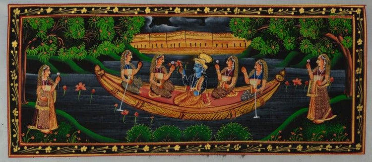 "Krishna Radha In Boat With Sevika": Yellow Orange Miniature ...