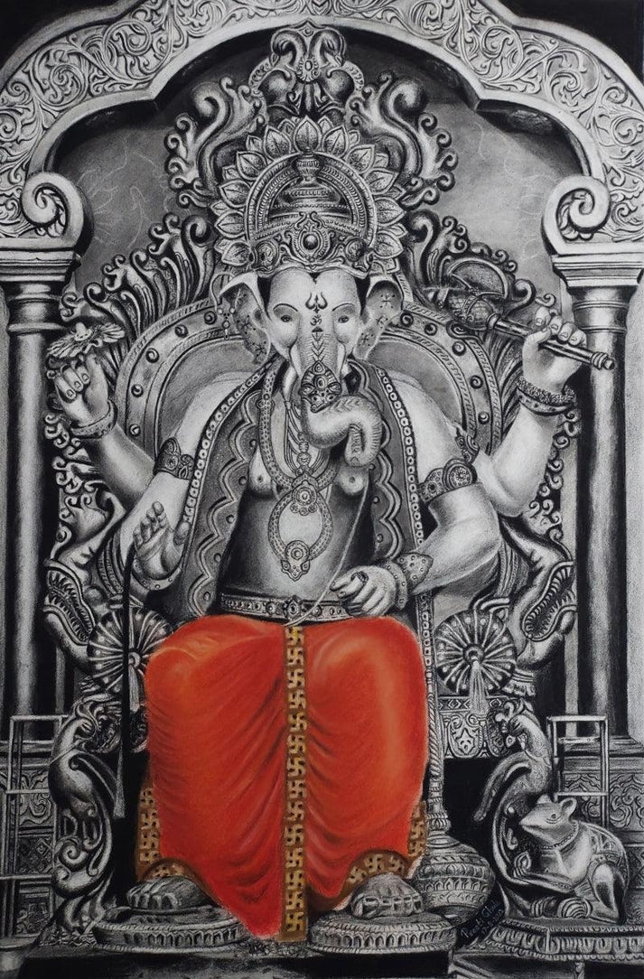 "Lalbaugcha Raja": White Charcoal Drawing by Preeti Ghule – ArtZolo.com