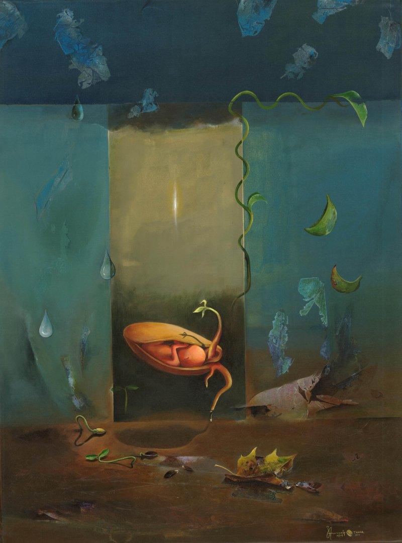 "Lifeless To Alive": Green Acrylic Painting by Zakir Hussain – ArtZolo.com