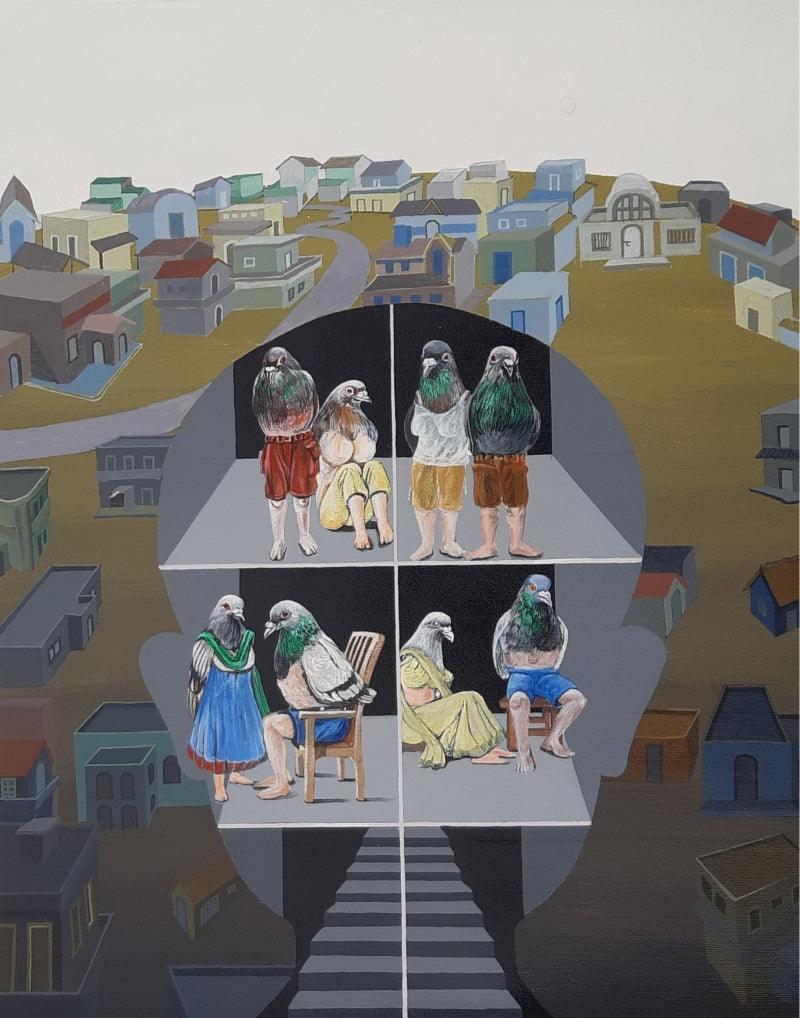 "Lockdown 5": Steel Grey Acrylic Painting by Mangesh Kapse | ArtZolo.com