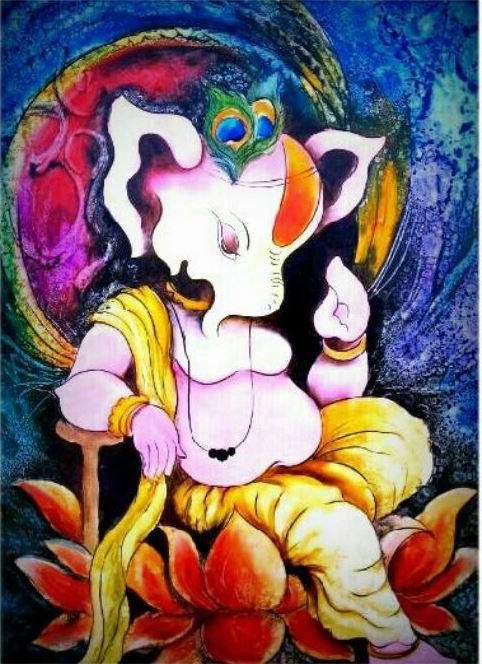"Lord Ganesha With A Unique Look": Blue Green Oil Painting by Mohd ...