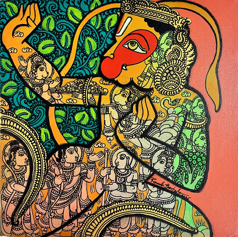 "Lord Hanuman": Orange Religious painting by Ramesh Gorjala – ArtZolo.com